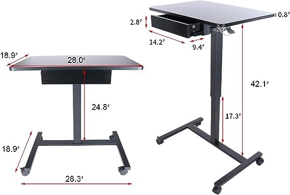 CLATINA Mobile Laptop Desk Adjustable Height Standing Desk Adjust from 30'' to 45.7'' Rolling Cart Ergonomic Table with Drawer