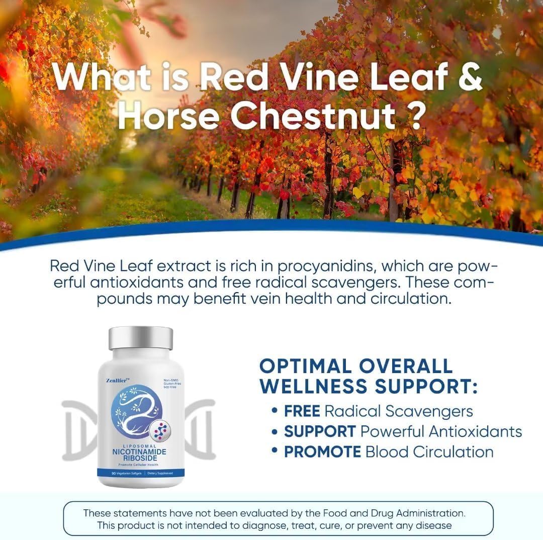 Zenlifer 120 Capsules 1400mg Red Vine Leaf Extract & Horse Chestnut Extract 100mg Supplement, Supports Healthy Skin, Leg Veins, Circulation, and Heart Health