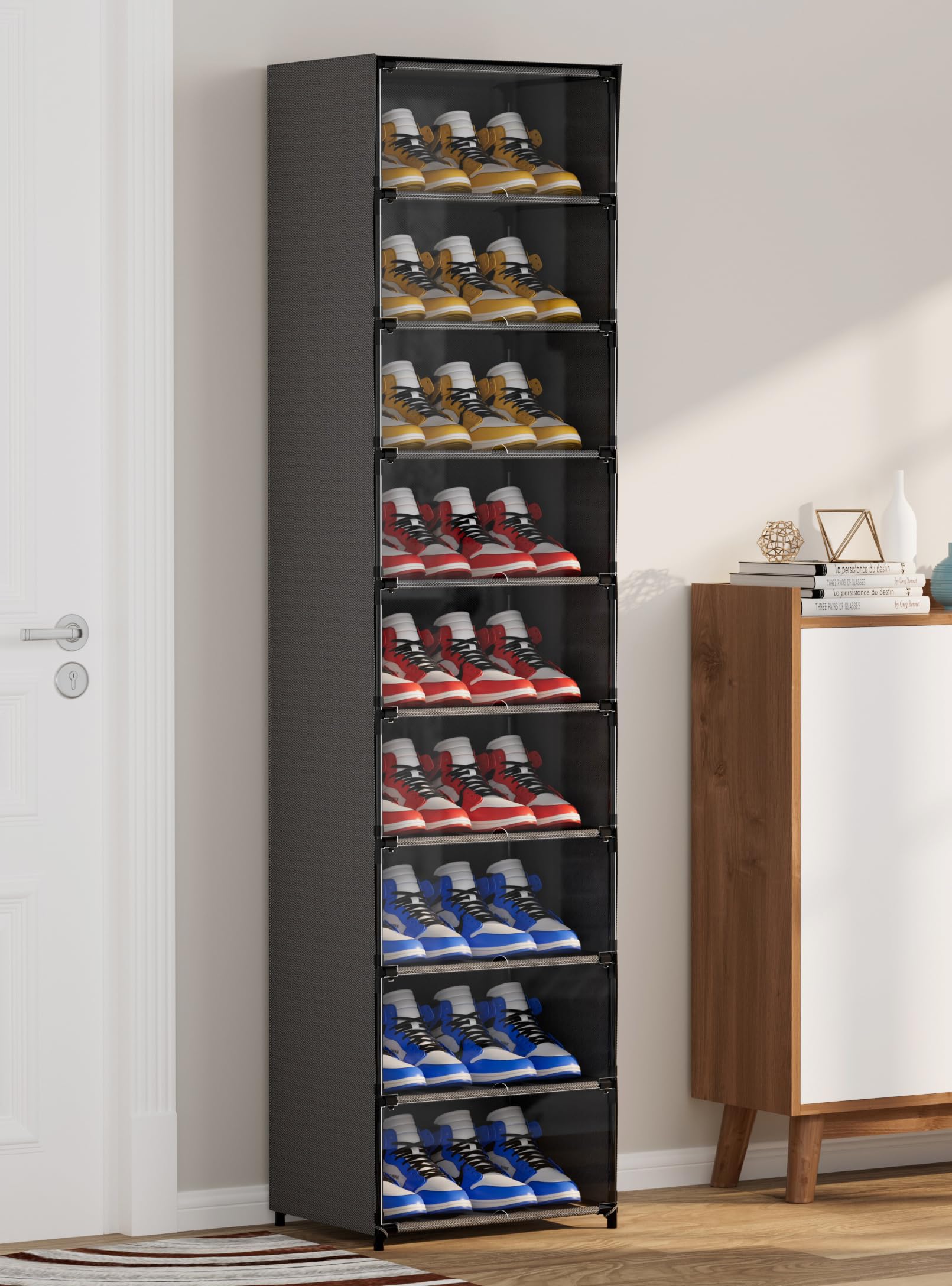 fiducial home 9 Tiers Tall Narrow Shoe Storage Cabinet for Entryway 18 Pairs High Top Shoe Cubby Container Bin with Clear Lid,Fit Size 12
