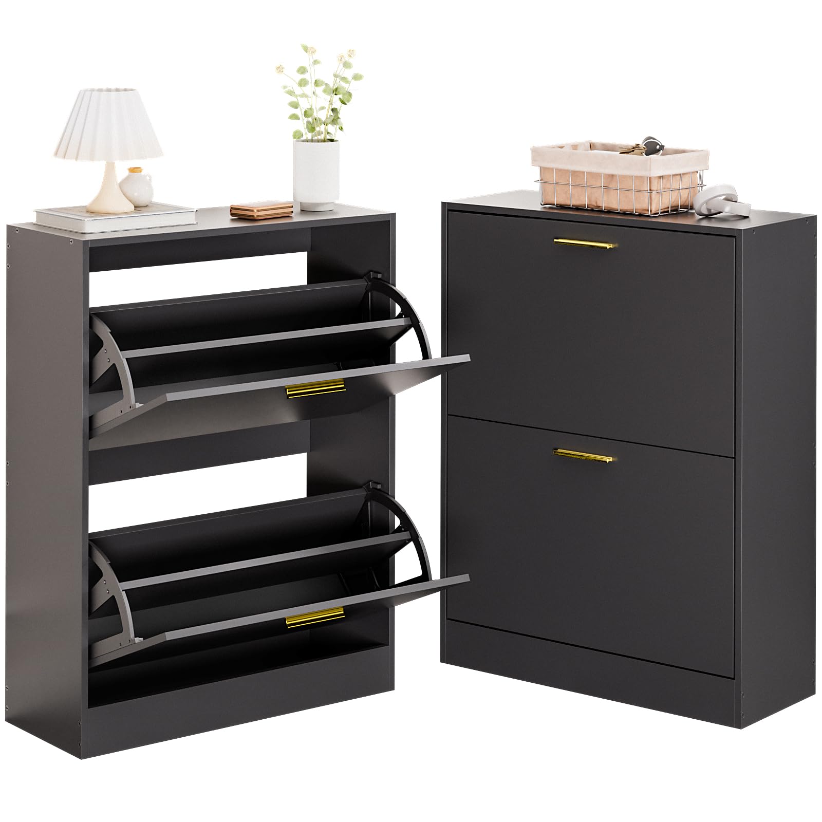 LYNSOM Shoe Cabinet, Free Standing Tipping Bucket Shoe Rack Organizer with 2 Flip Drawers, Modern Entryway Shoe Storage with Top Display, Narrow Slim Hidden Shoe Cabinet (Black)