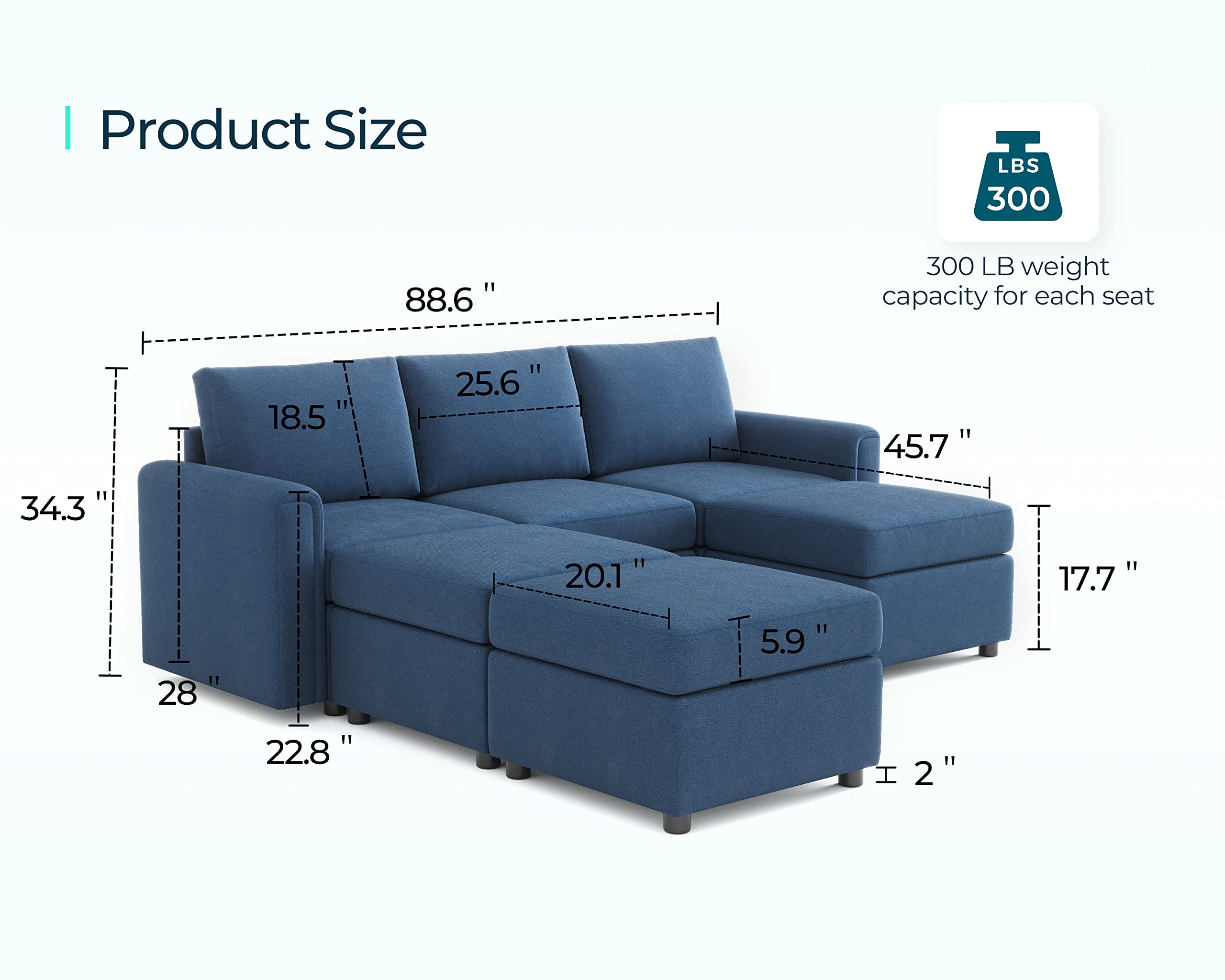 LINSY HOME Modular Sectional Sleeper Sofa, Sectional Couch with Ottoman Memory Foam, Storage Under Each Seat, Sofa Covers Washable Changeable, for Living Room, Blue