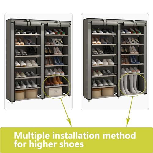 JIUYOTREE Double Row Shoe Rack Storage Organizer with Big Capacity,7-Tier Shoe Cabinet,Shelf,Closet with Nonwoven Fabric Cover for 28 Pairs of Shoes,Grey