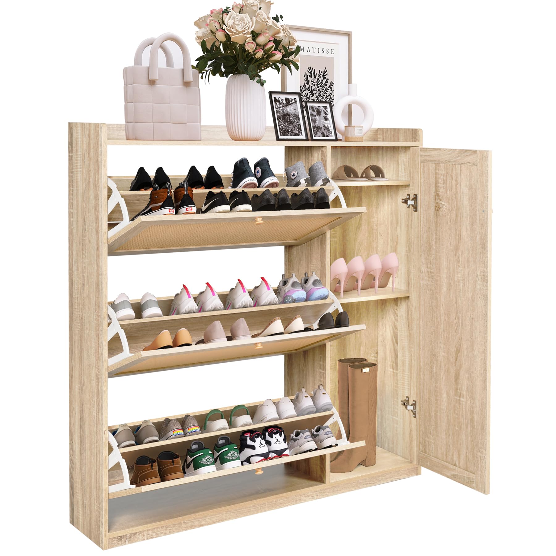 FUQARHY Shoe Cabinet with 3 Flip Drawers & Doors, Modern Slim Shoe Storage Cabinet Free Standing Shoe Organizer Shoe Rack for Boot, Sneaker, Entryway Narrow Shoe Storage for Hallway Living Room