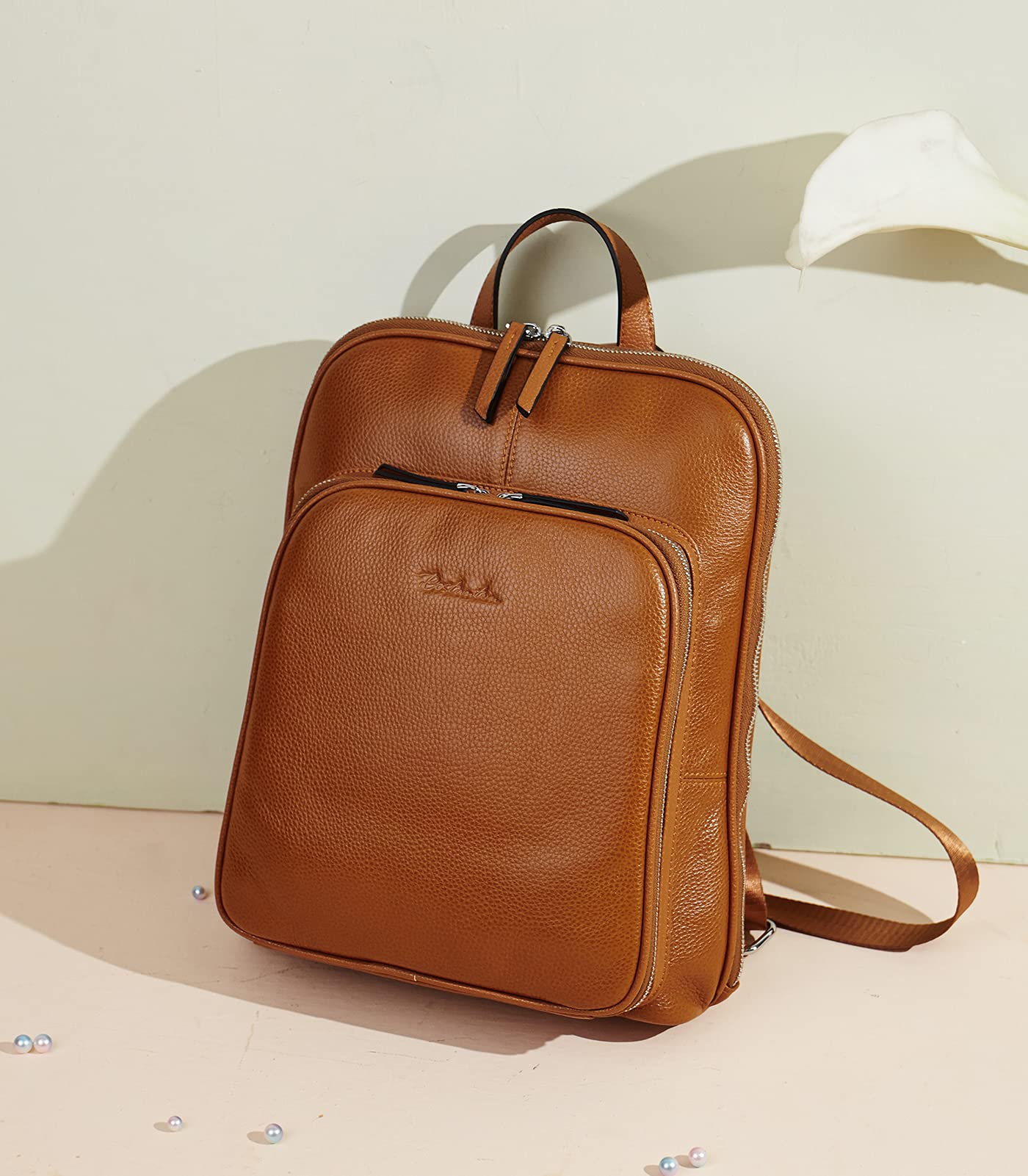 BOSTANTEN Genuine Leather Backpack Purse for Women Casual College Travel Bags Brown