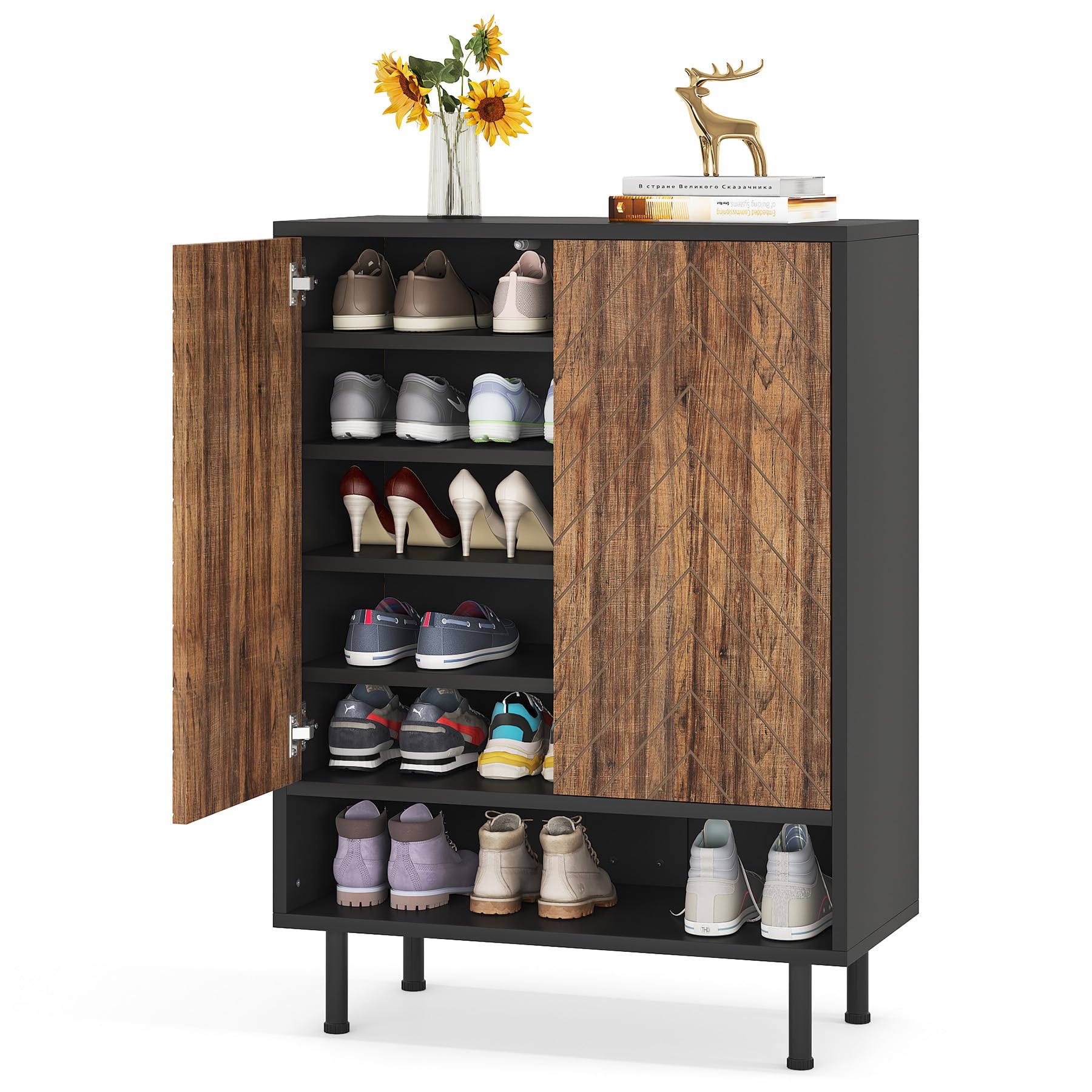 Tribesigns Shoe Cabinet, 18 Pair Shoe Rack Organizer Cabinet with Door, 6-Tier Modern Shoe Storage Cabinet with Shelves for Entryway Hallway Closet Bedroom, Black and Brown