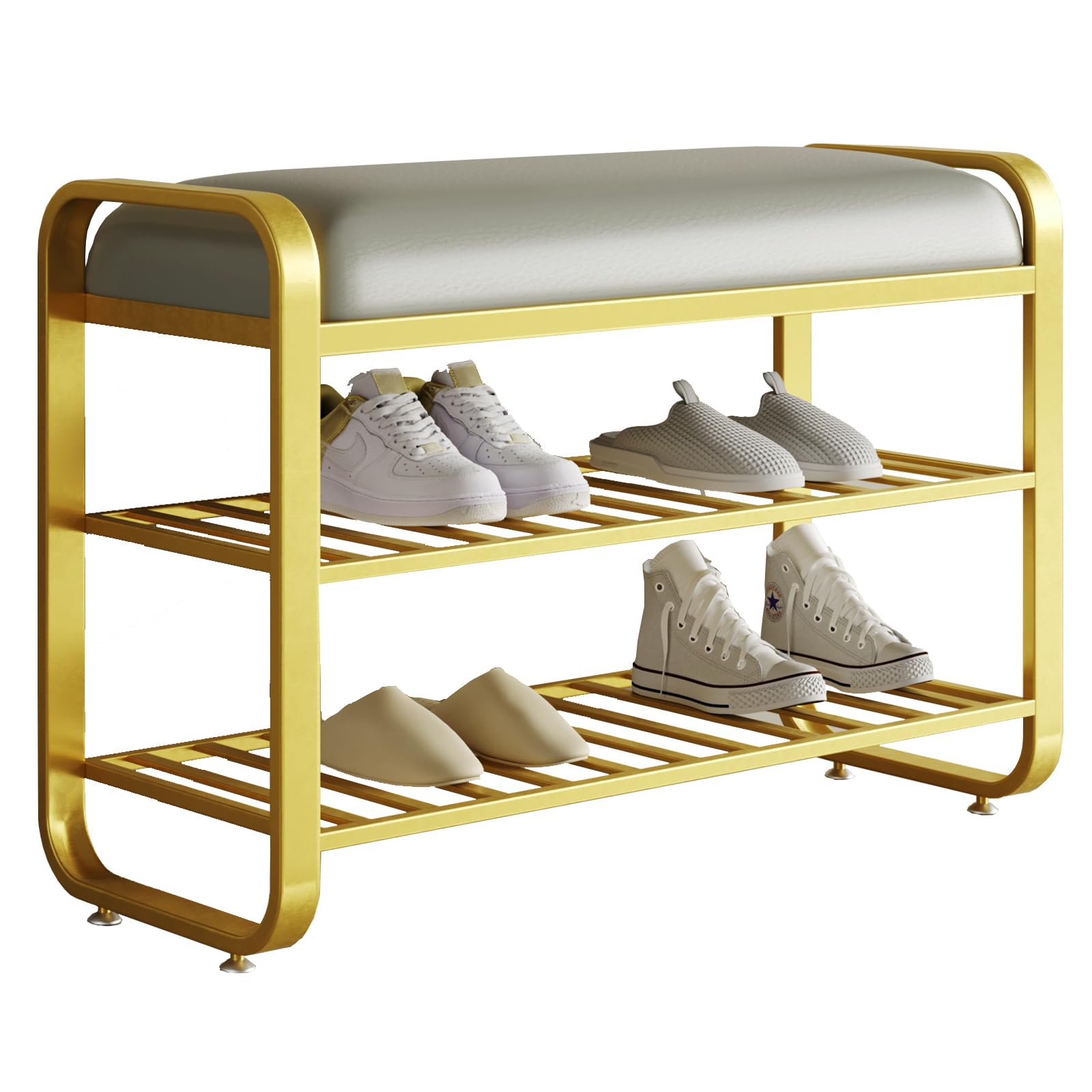 BUZUEY Shoe Bench,entryway Bench with Shoe Storage,Metal Shoe Rack Bench with Cushion Padded seat,Small Shoe Storage Bench for entryway, Hallway,Bedroom (23.6 * 12.5 * 20.4, Golden)