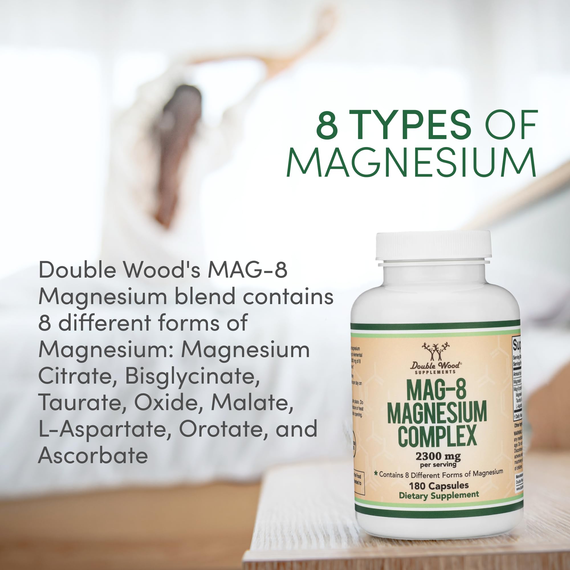 Magnesium Complex Supplement 180 Capsules (436mg Elemental Magnesium Provided by 2,300mg of Eight Different Forms of Magnesium) MAG-8 Provides 100% Daily Recommended Value of Magnesium by Double Wood
