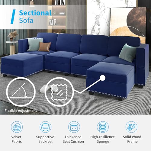 Mjkone Velvet Modular Sectional Sofa with Adjustable Armrest and Backrest for Living Room，U Shaped Couch 6 Seater Convertible Sectional Couch with Indidual Storage Ottoman -Velvet Blue