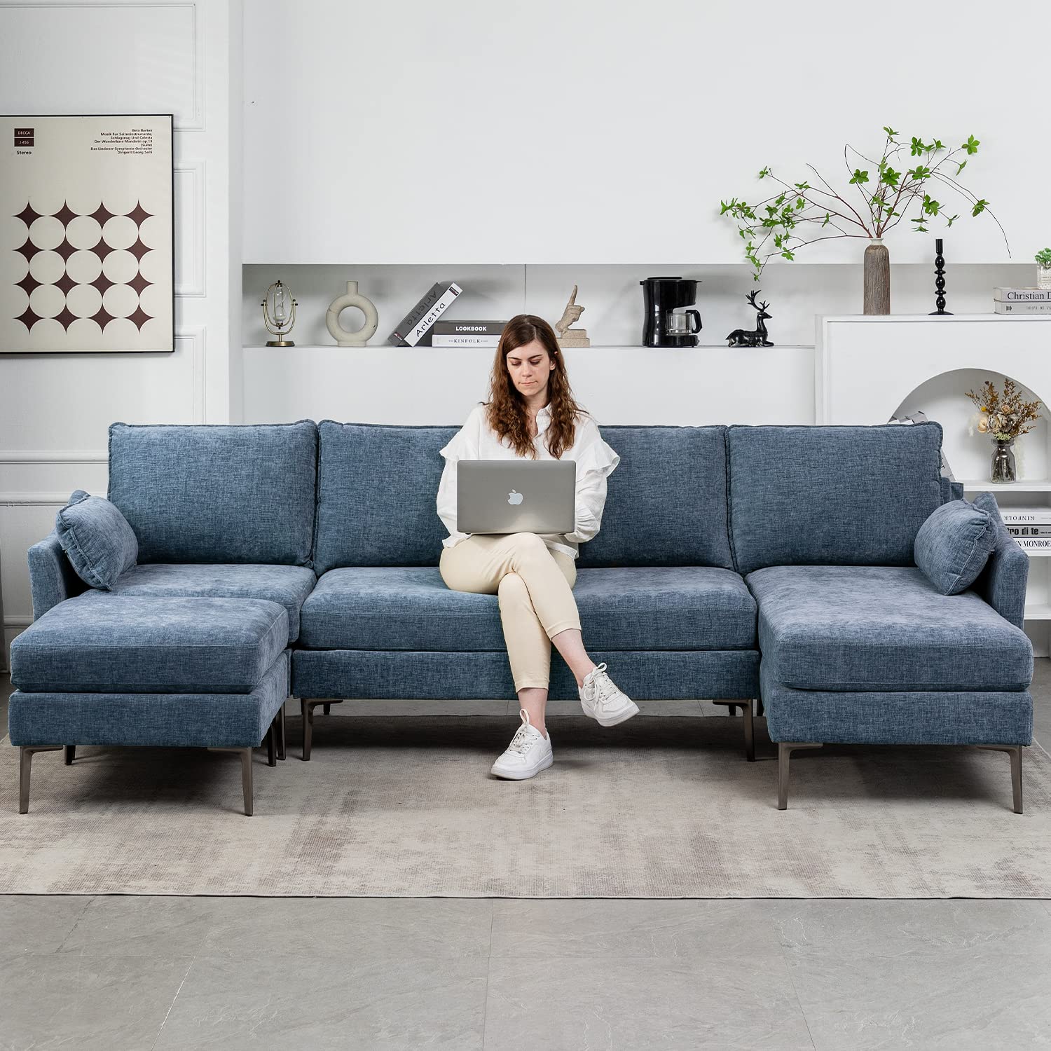 MELLCOM 115.4" Cloud Couch Sectional 4-Seat U Shaped Couch w/Chaise & Ottoman, Comfy Memory Foam Sectional Sofa in Washable Chenille Fabric, Modern Living Room Modular Sofa, Blue
