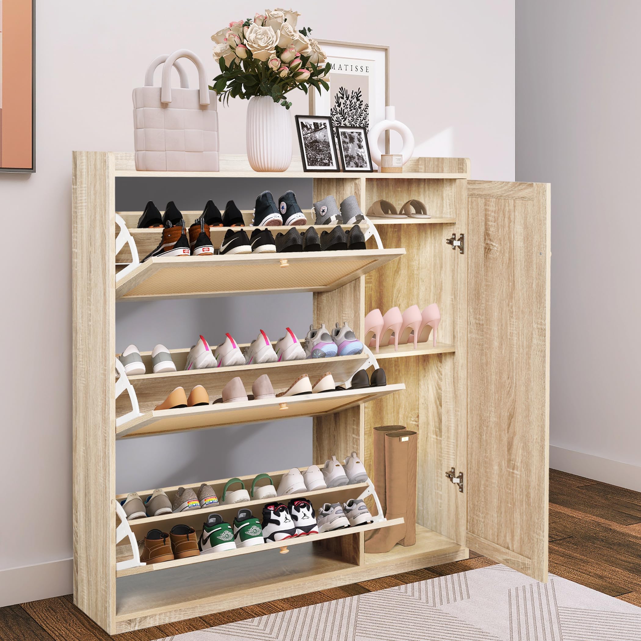 FUQARHY Shoe Cabinet with 3 Flip Drawers & Doors, Modern Slim Shoe Storage Cabinet Free Standing Shoe Organizer Shoe Rack for Boot, Sneaker, Entryway Narrow Shoe Storage for Hallway Living Room