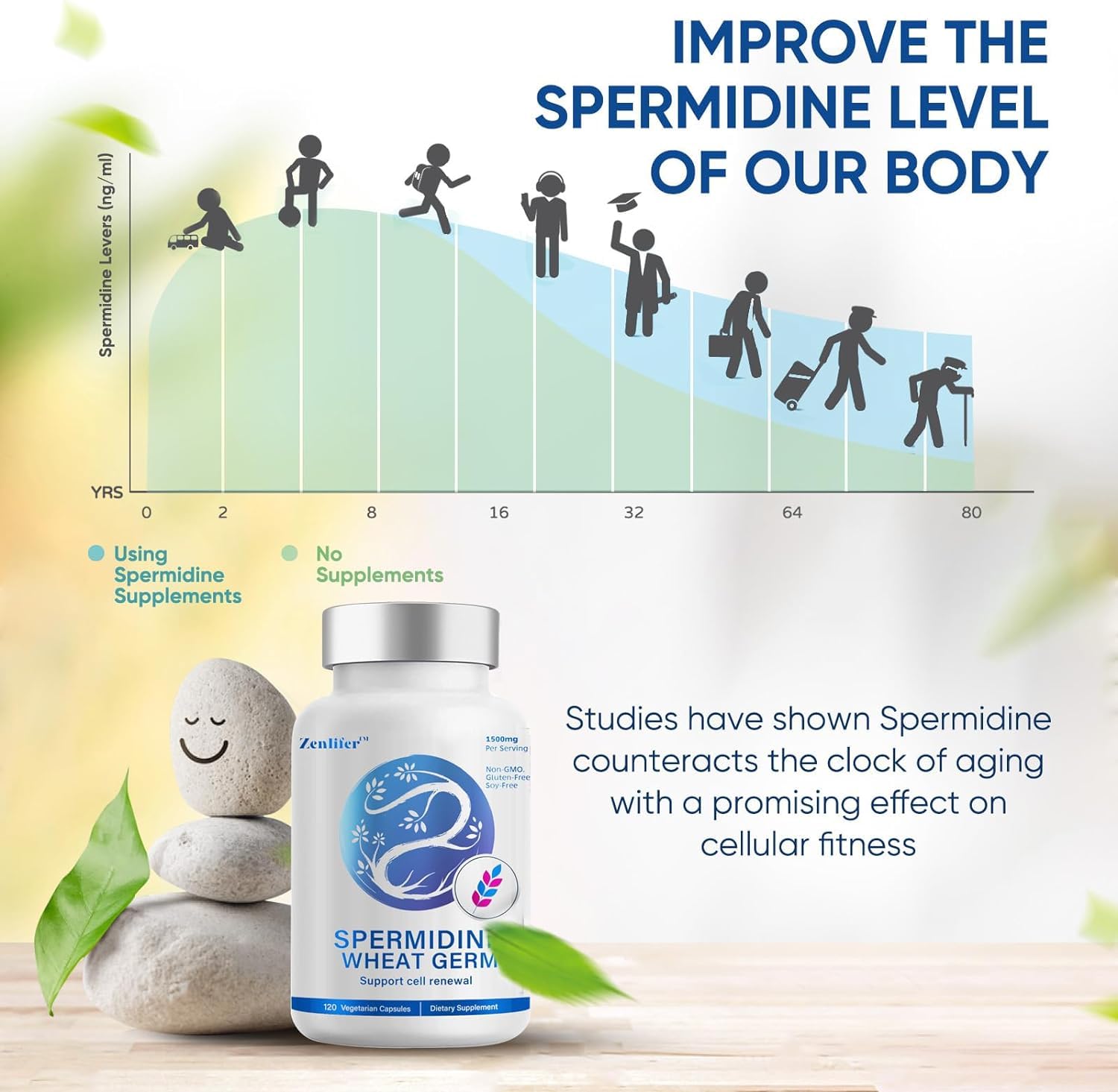 Zenlifer 120 Capsules Spermidine Wheat Germ 1500mg, Spermidine Supplements Wheat Germ Extract with Zinc for Antioxidant and Healthy Aging, Cell Renewal and Immune