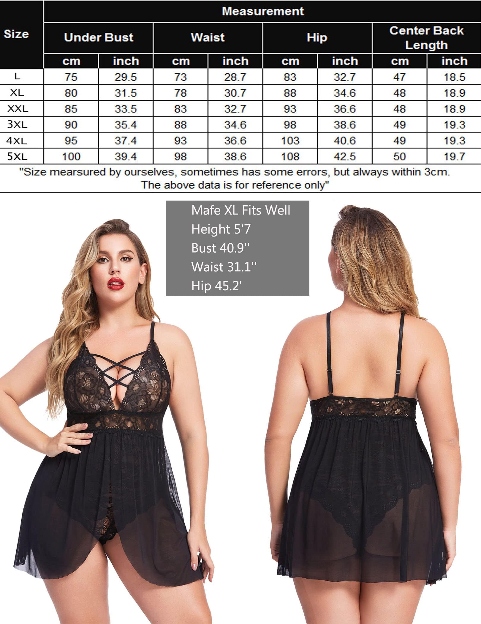 Avidlove Plus Size Babydoll for Women Sexy Lace Lingerie Set Mesh Chemise Sleepwear (Black, Large)