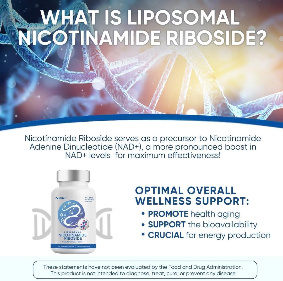 Zenlifer-90 Softgels NAD+ 2000MG Liposomal Nicotinamide Riboside Supplement,with Trans-Pterostilbene and Betaine Anhydrous(TMG) for Maximum Absorption,Cellular Energy and Age Defense