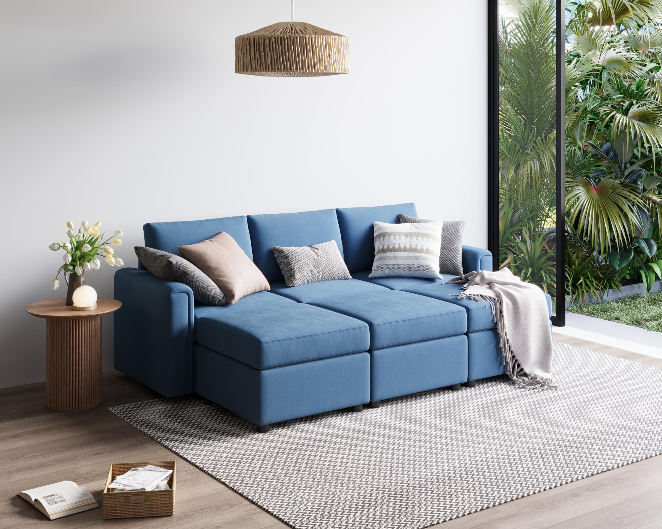 LINSY HOME Modular Sectional Sleeper Sofa, Sectional Couch with Ottoman Memory Foam, Storage Under Each Seat, Sofa Covers Washable Changeable, for Living Room, Blue
