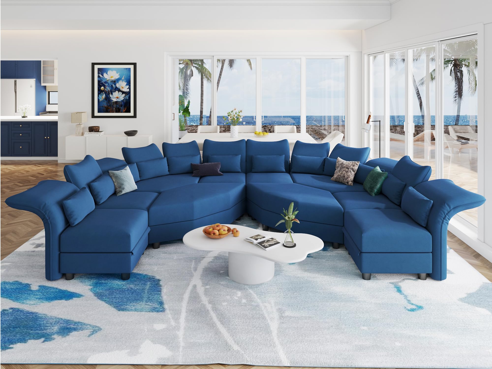 LLappuil Sectional Sofa Convertible U Shaped High Back Modular Couch with Storage Wide Chaise 10 Seat Comfy Modular Sectional Couch Scratch Resistant Easy Clean for Living Room, Blue