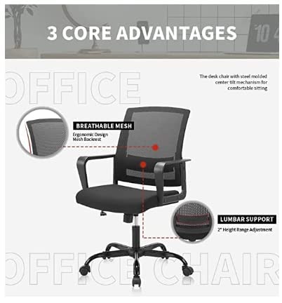 CLATINA Office Chair Mid Back Ergonomic Desk Chairs Rolling Mesh Computer Chair with Executive Lumbar Support and Height Adjustable Design for Home Offic (4 Pack)