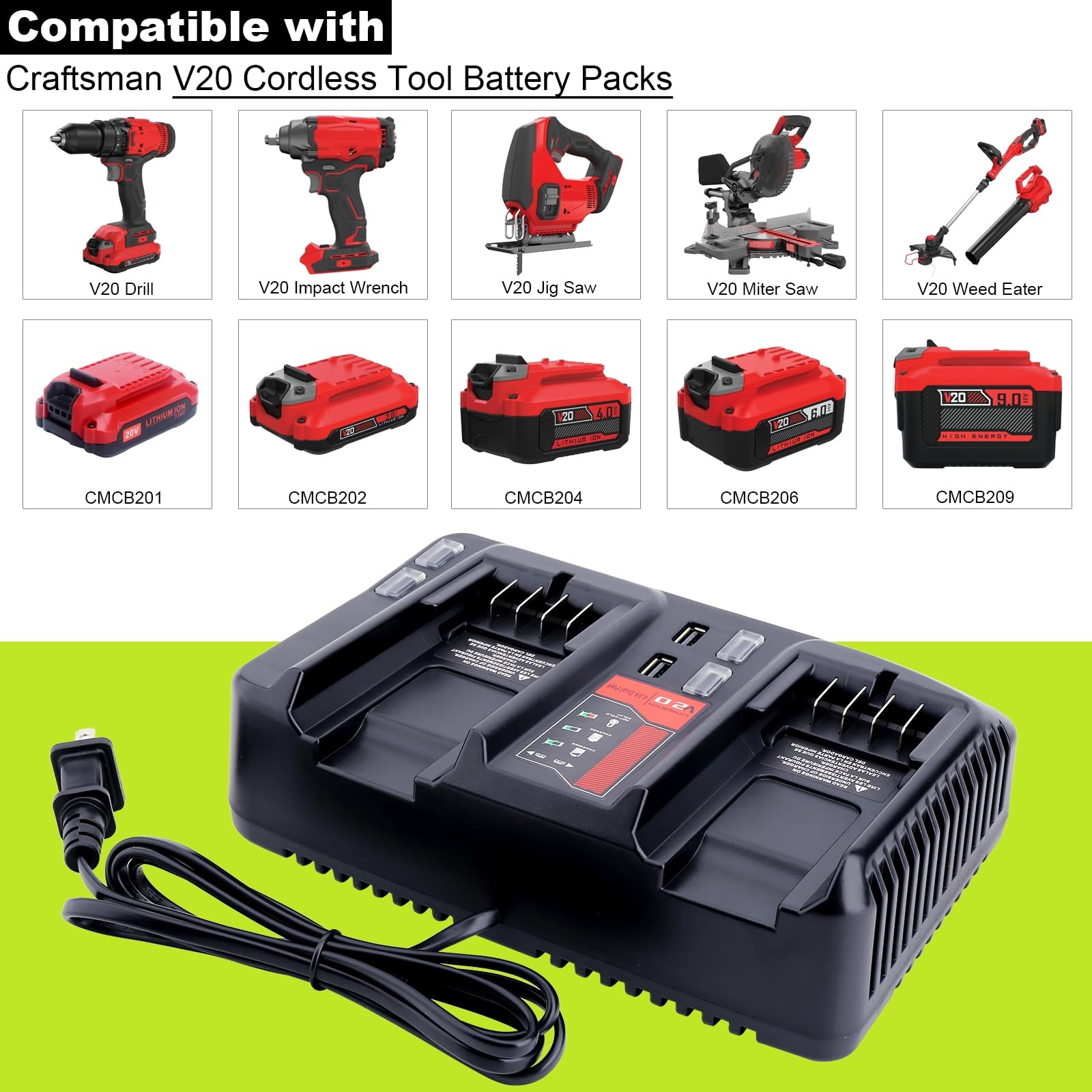 Lasica CMCB124 20V Charger Compatible with Craftsman V20 Series 20 Volt Lithium Batteries, V20 Dual Port, Replacement for Craftsman Battery Charger Station CMCB104 CMCB124