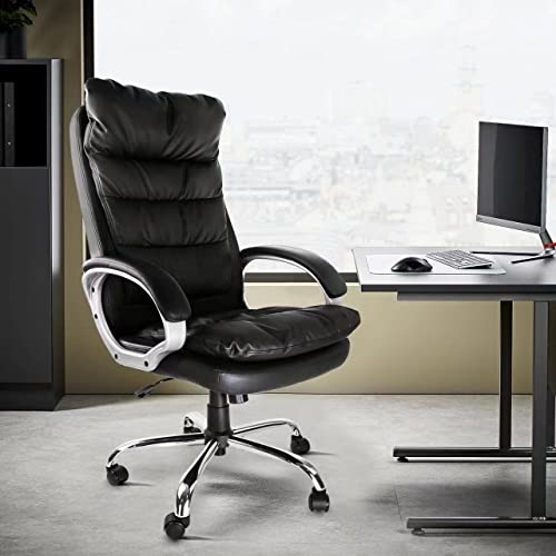 CLATINA Computer Desk Chair with Wheels and Padded Arms, Ergonomic PU Leather Swivel Home Office Chair with Double Seat Cushion, Adjustable High Back Comfort Executive Office Chair (Black)