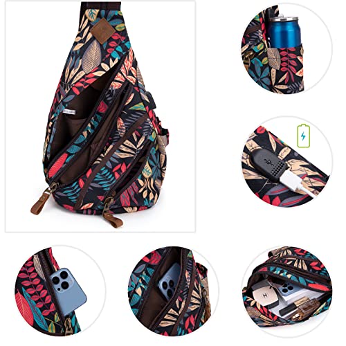 DAVIDNILE Canvas Sling Bag Crossbody Backpack Genuine Leather Shoulder Bag Casual Daypacks For Men