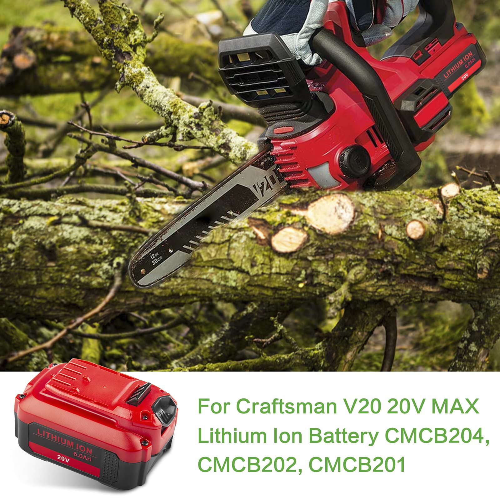 ARyee CMCB202 CMCB205 6.0Ah 20V Battery Replacement for Craftsman 20V Lithium Battery CMCB204 CMCB204-2 CMCB202 CMCB202-2 CMCB201 CMCB206 CMCS500B CMCD700C Craftsman V20 Battery