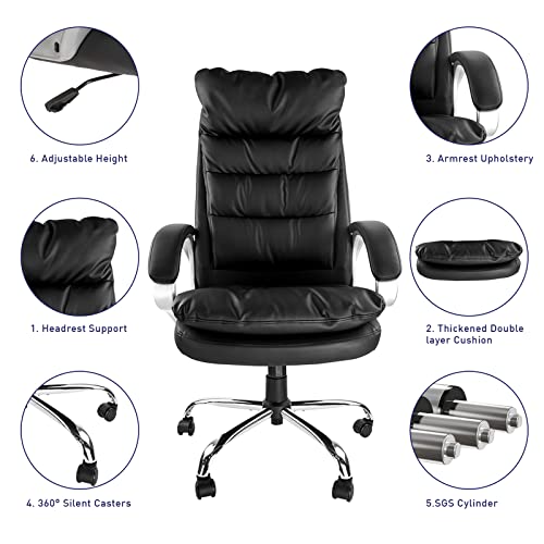 CLATINA Computer Desk Chair with Wheels and Padded Arms, Ergonomic PU Leather Swivel Home Office Chair with Double Seat Cushion, Adjustable High Back Comfort Executive Office Chair (Black)