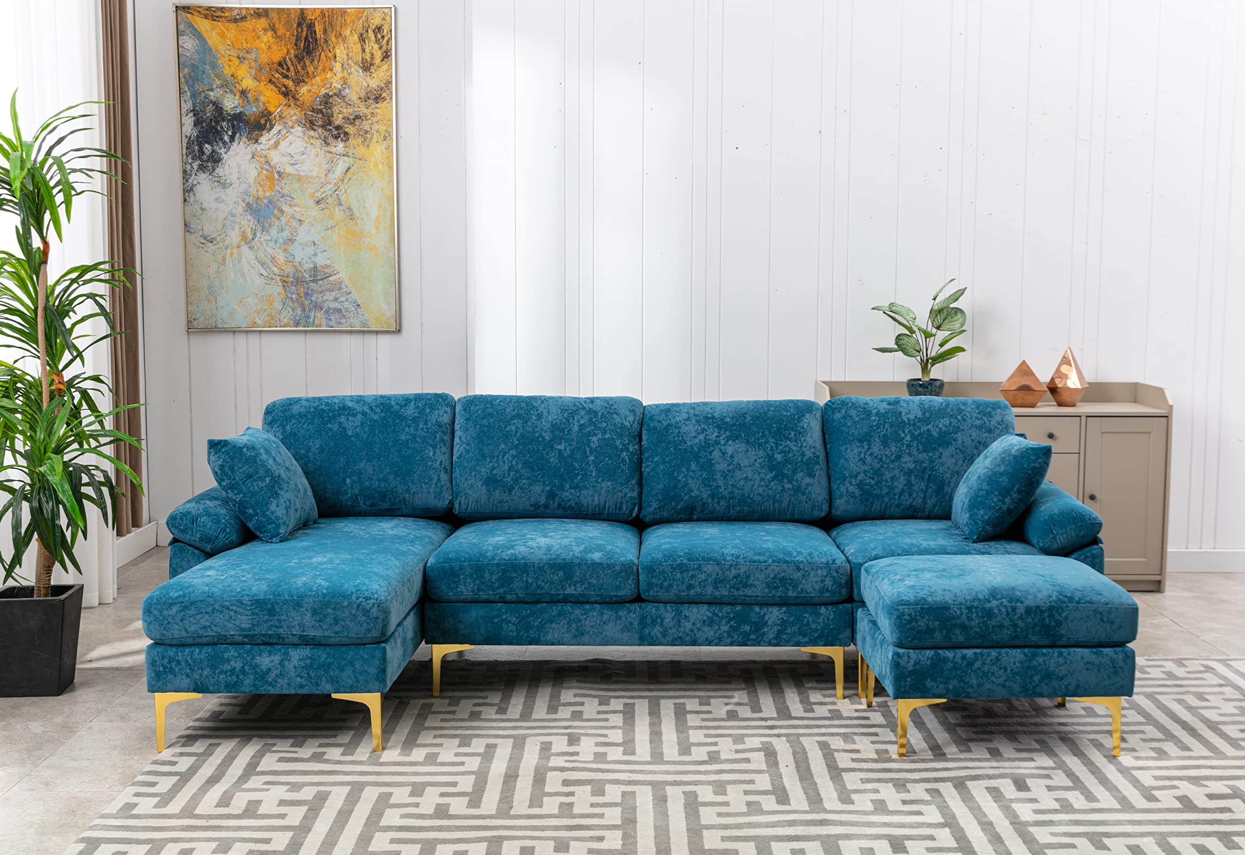 Goohome Sectional Sofá, Modern Velvet Upholstered 4-6 Seater w/Ottoman, Convertible Left and Right Side Chaise Lounge Couch, for Large Space,Living Room, Apartment, Home, L/U-Shaped Sofa, Teal Blue
