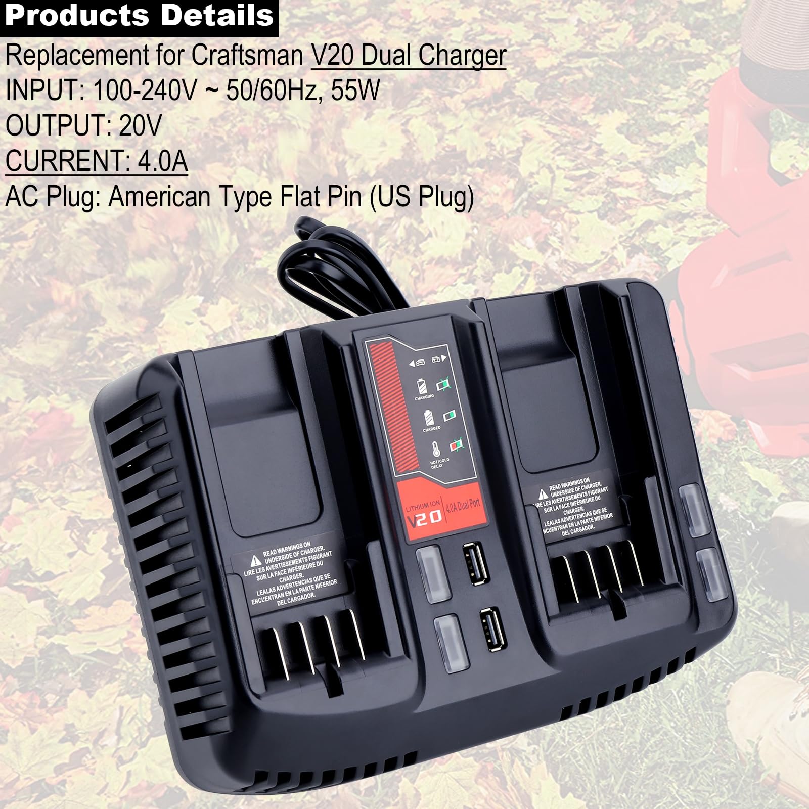 Lasica CMCB124 20V Charger Compatible with Craftsman V20 Series 20 Volt Lithium Batteries, V20 Dual Port, Replacement for Craftsman Battery Charger Station CMCB104 CMCB124