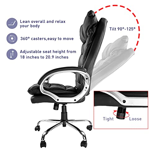 CLATINA Computer Desk Chair with Wheels and Padded Arms, Ergonomic PU Leather Swivel Home Office Chair with Double Seat Cushion, Adjustable High Back Comfort Executive Office Chair (Black)