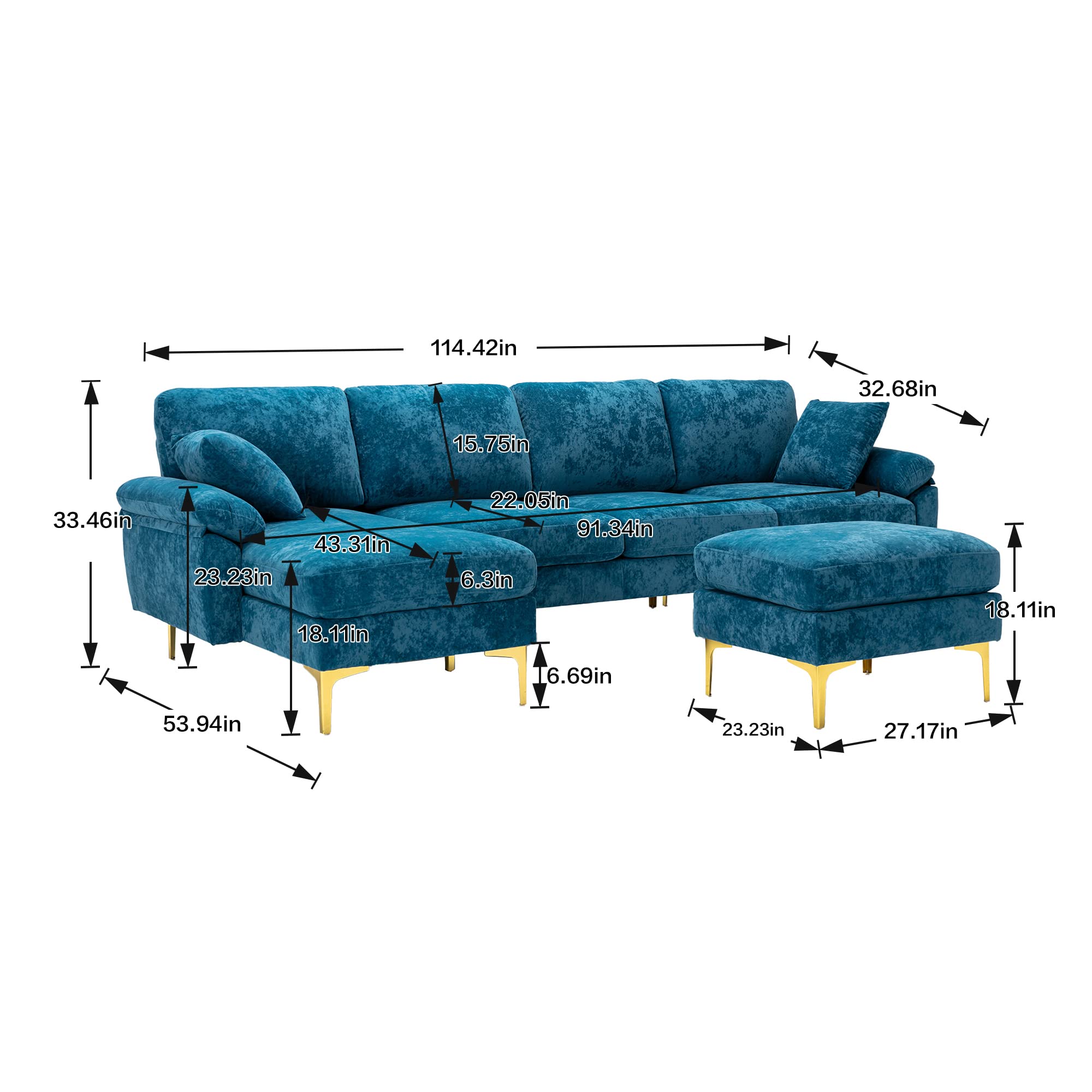 Goohome Sectional Sofá, Modern Velvet Upholstered 4-6 Seater w/Ottoman, Convertible Left and Right Side Chaise Lounge Couch, for Large Space,Living Room, Apartment, Home, L/U-Shaped Sofa, Teal Blue