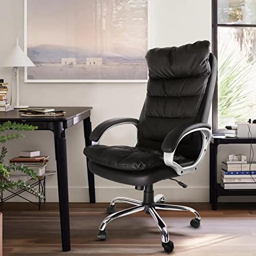 CLATINA Computer Desk Chair with Wheels and Padded Arms, Ergonomic PU Leather Swivel Home Office Chair with Double Seat Cushion, Adjustable High Back Comfort Executive Office Chair (Black)