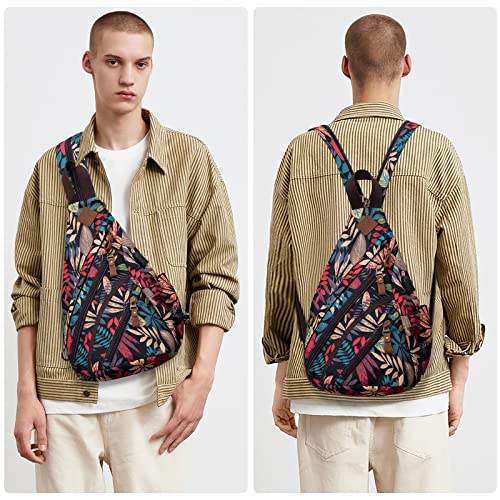 DAVIDNILE Canvas Sling Bag Crossbody Backpack Genuine Leather Shoulder Bag Casual Daypacks For Men