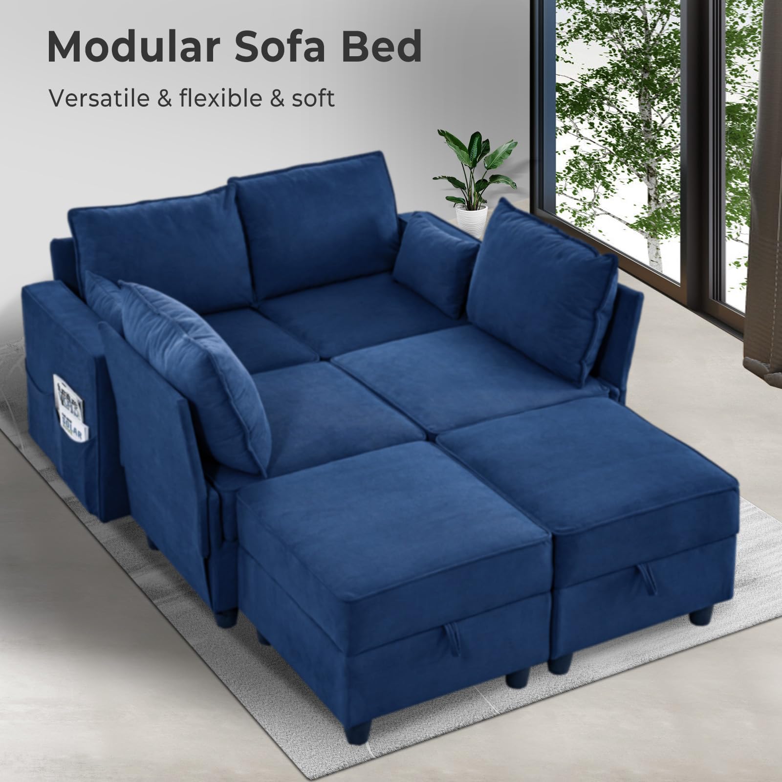Unovivy 112.6" Modular Sectional Sofa, Convertible U Shaped Module Storage Reversible Ottomans, 6 Seater Corduroy Velvet Couch for Living Room, Blue