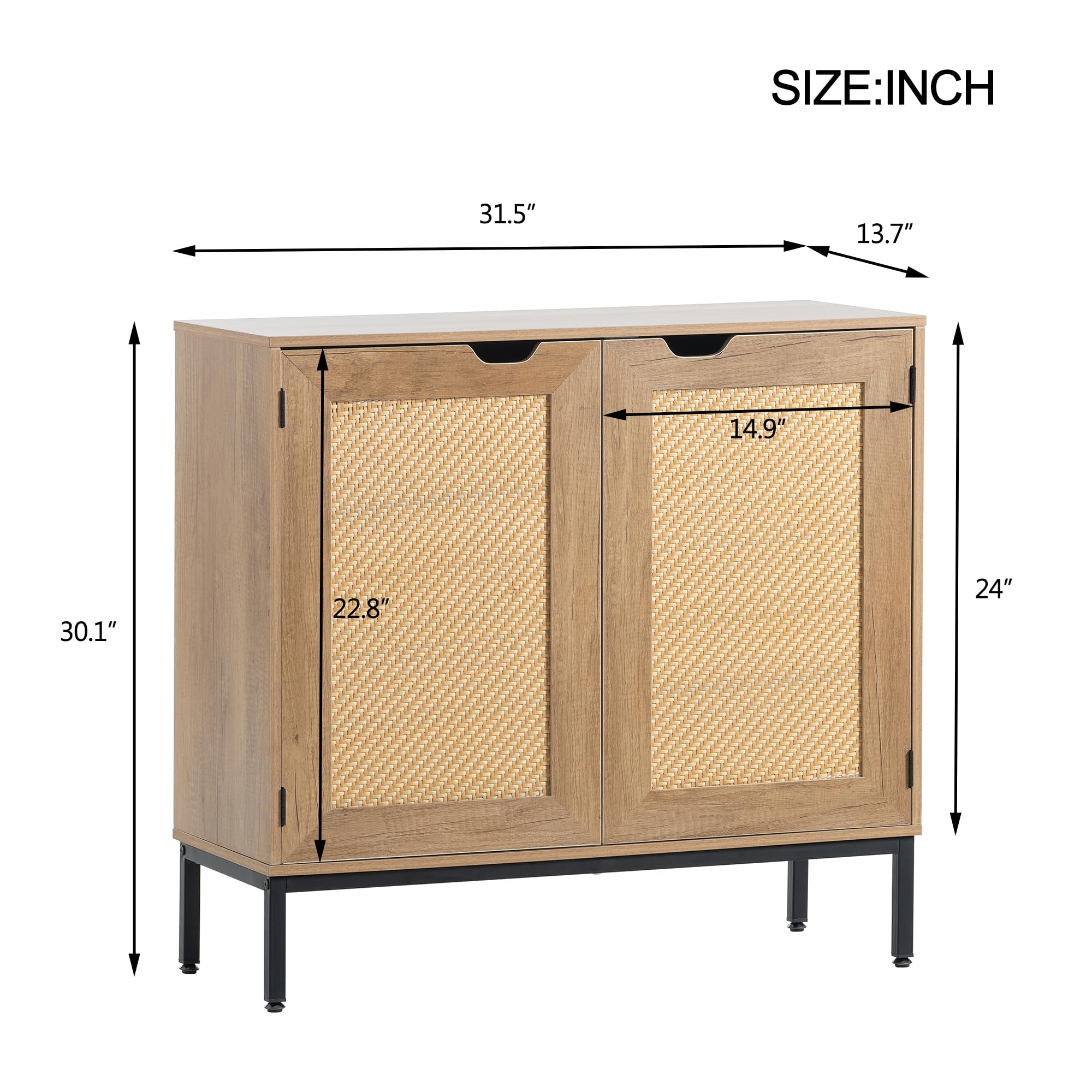 HESIEU Country Style Storage Cabinet with 2 Rattan Doors Natural Wood Sideboard Decorative Table Shoe Cabinet Office Cabinet with Metal Legs for Dining Room Kitchen Hallway Office