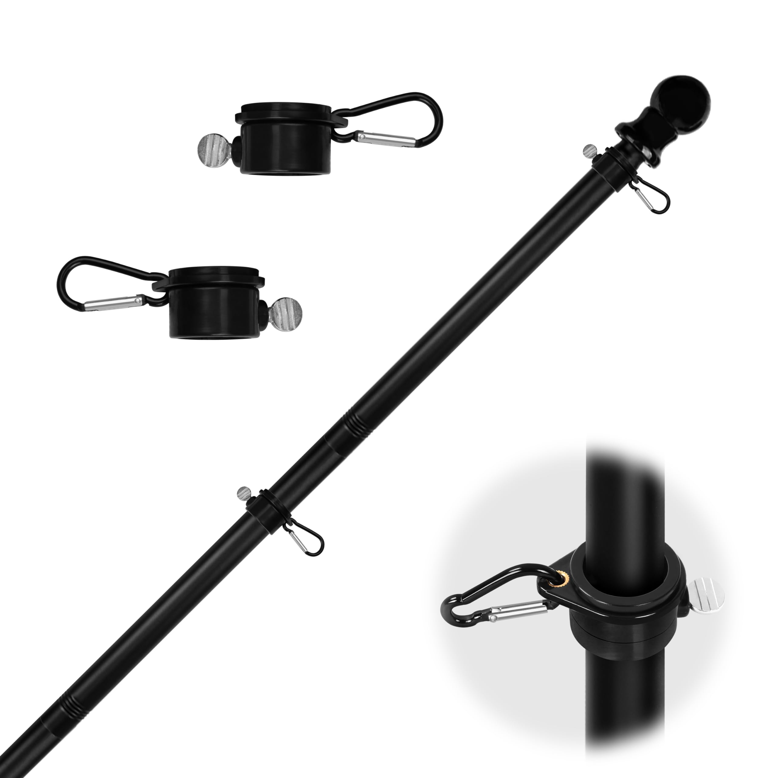 HOOSUN 6 FT Flag Pole Kit with 2 Rotating Rings and Flag Pole Clips,Flag Poles for Outside House,Black Stainless Steel Adjustable Pole for Commercial Or Residential