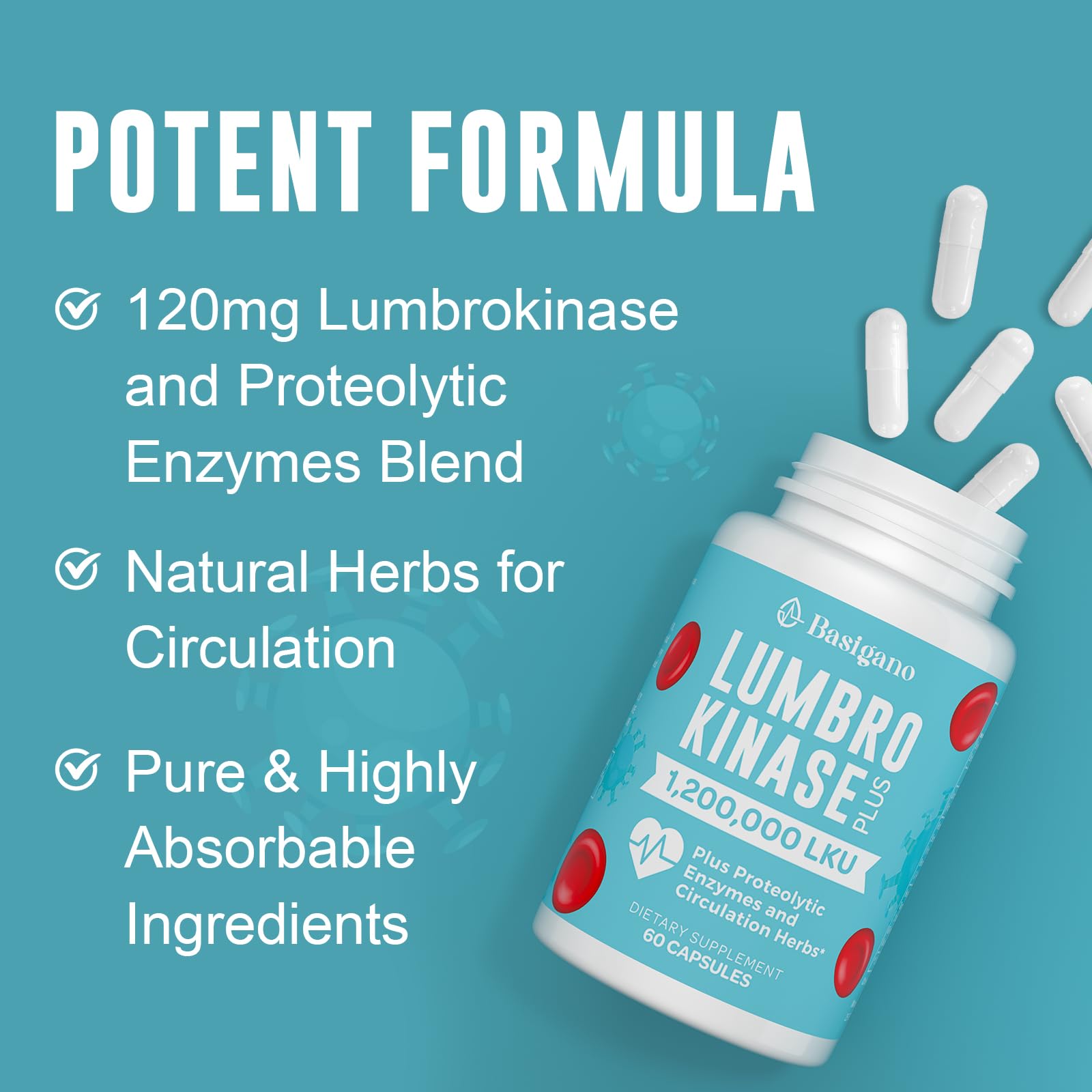 Lumbrokinase Supplement, 1.2 Million LKU - 120mg Capsules, Potent Nattokinase Alternative with Proteolytic Enzymes and Herbal Blend