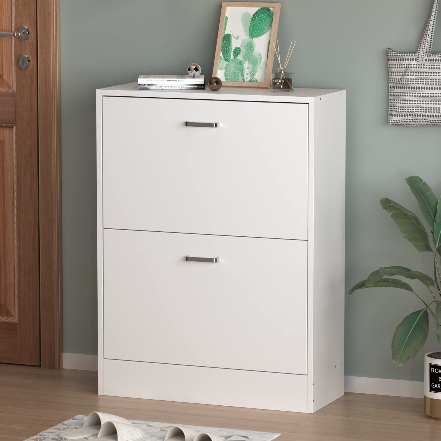 FUFU&GAGA Shoe Cabinet with 2 Flip Drawers for Entryway, Modern Shoe Storage Cabinet, Freestanding Shoe Rack Storage Organizer (23.6”W x 9.4”D x 31.4”H)(White)