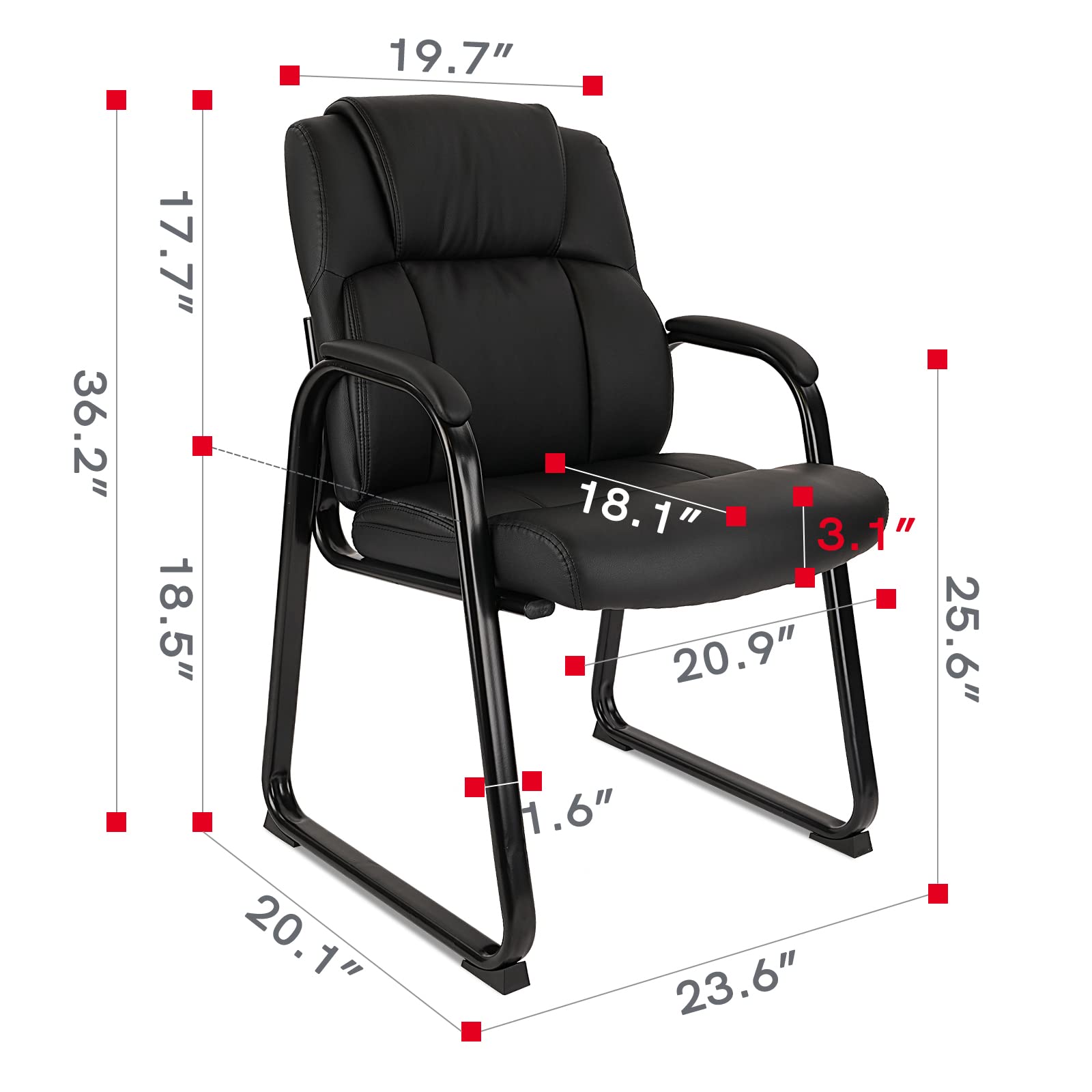 CLATINA Classic Leather Soft Reception Chair with Padded Armrests and Sled Base, Executive Guest Chair for Office Computer Desk Conference Waiting Meeting Room, Black (2 Pack)
