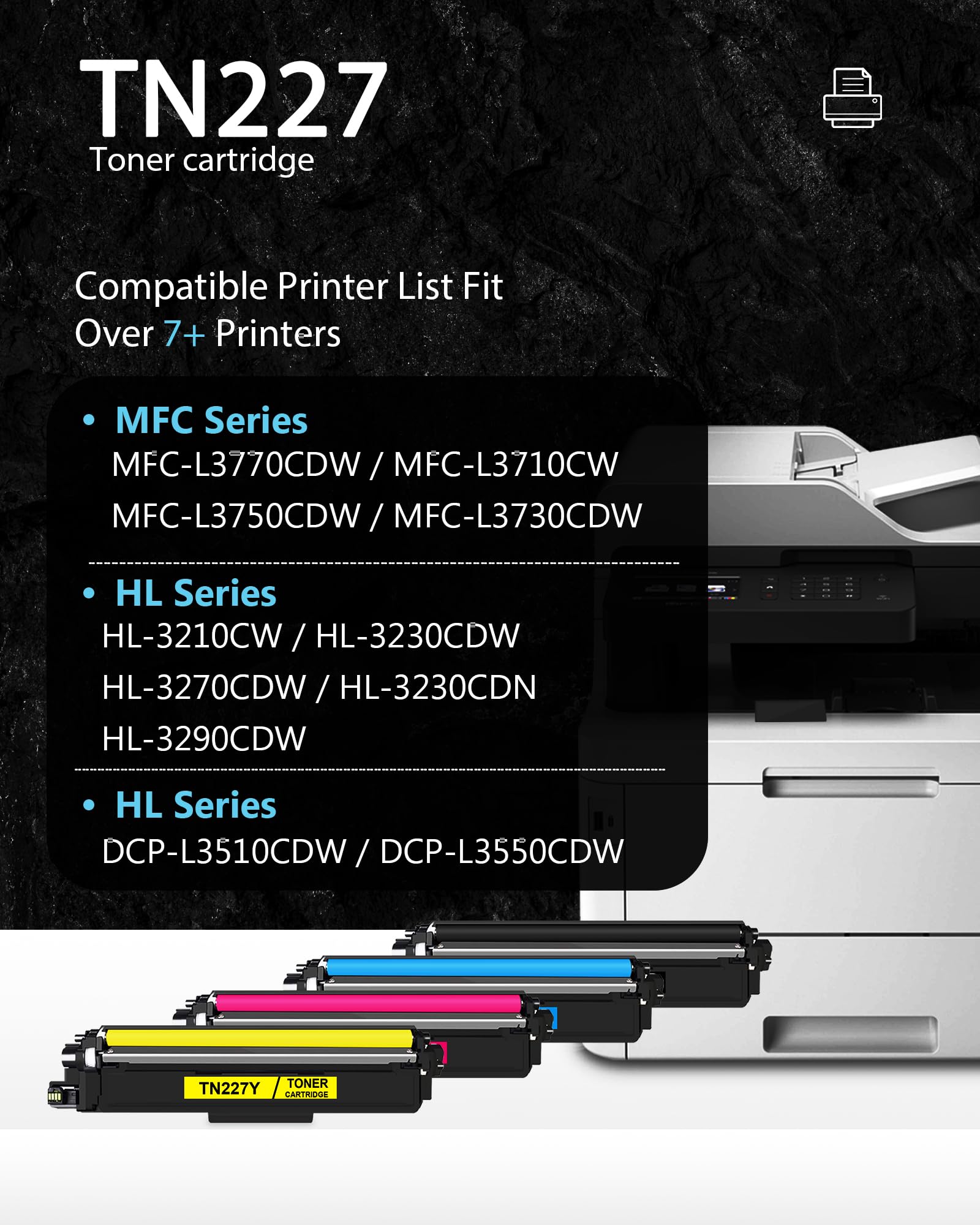 TN227 TN 227 4-Pack Toner Cartridge: Replacement for Brother TN227BK TN227C TN227M TN227Y Toner Use with MFC-L3710CW MFC-L3770CDW MFC-L3730CDW HL-3230CDW Printer Toner (Black Cyan Magenta Yellow)
