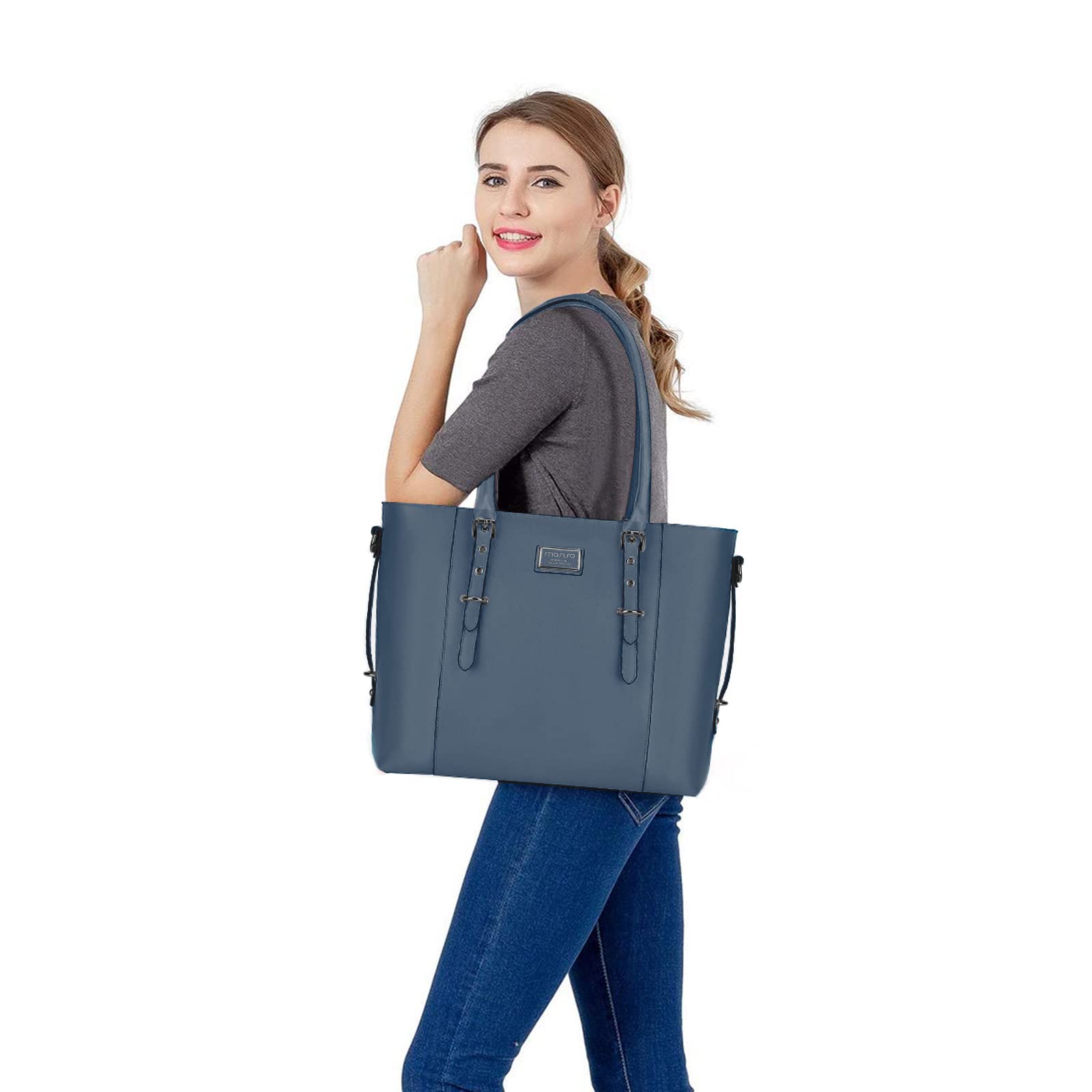 MOSISO PU Leather Laptop Tote Bag for Women (15-16 inch), Waterproof Large Capacity Business Work Briefcase Shoulder Laptop Bag, Peacock Blue