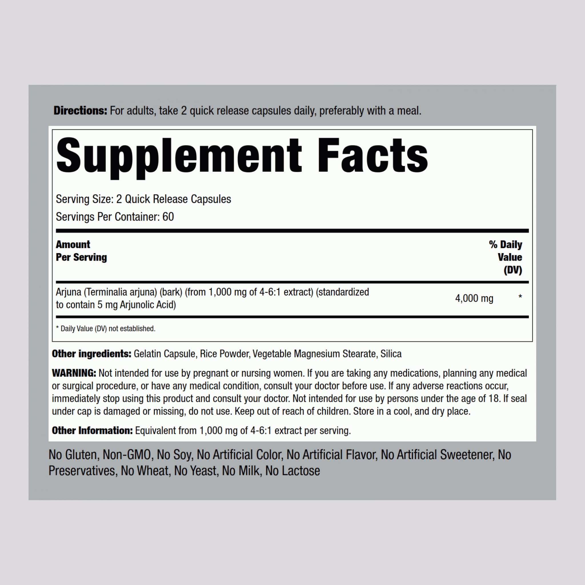 Piping Rock Arjuna Capsules | 4000 mg | 120 Count | from Arjuna Bark Herb Extract | Concentrated Extract | Herbal Supplement | Non-GMO, Gluten Free