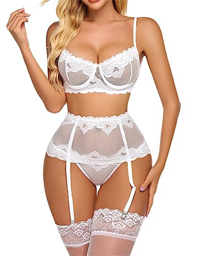 ADOME Bridal Lingerie for Women Lace Lingerie White Lingerie Set Lingerie with Garter and Stockings(White,M)