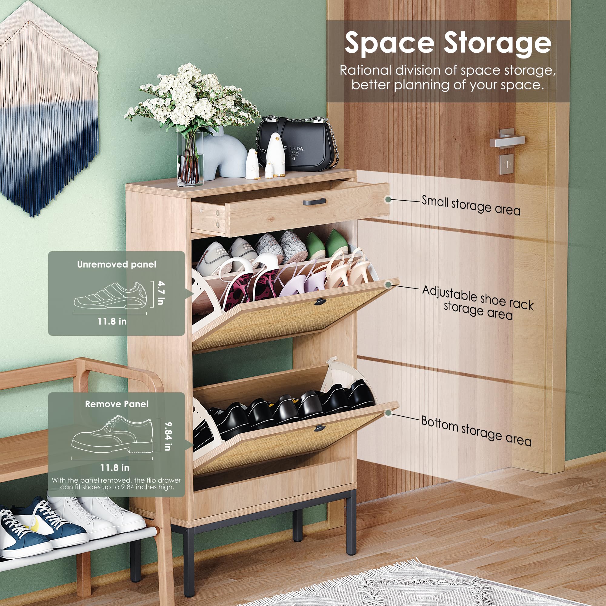 Yechen Shoe Rack Storage Organizer with 2 Natural Rectangular Rattan Doors, Entryway Wooden Shoe Cabinet for Sneakers, Leather Shoes, High Heels, Slippers (1 Piece, Oak)