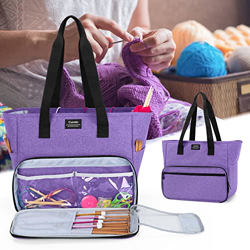 CURMIO Yarn Storage Bag, Knitting Tote Bag for WIP Project, Crochet Hooks, Knitting Needles and Yarn Skeins, Bag Only, Purple (Patented Design)