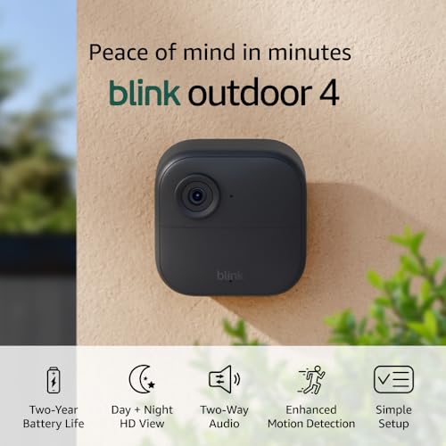 Blink Outdoor 4 (newest model), Wire-free smart security camera, two-year battery life, two-way audio, HD live view, enhanced motion detection, Works with Alexa β 5 camera system