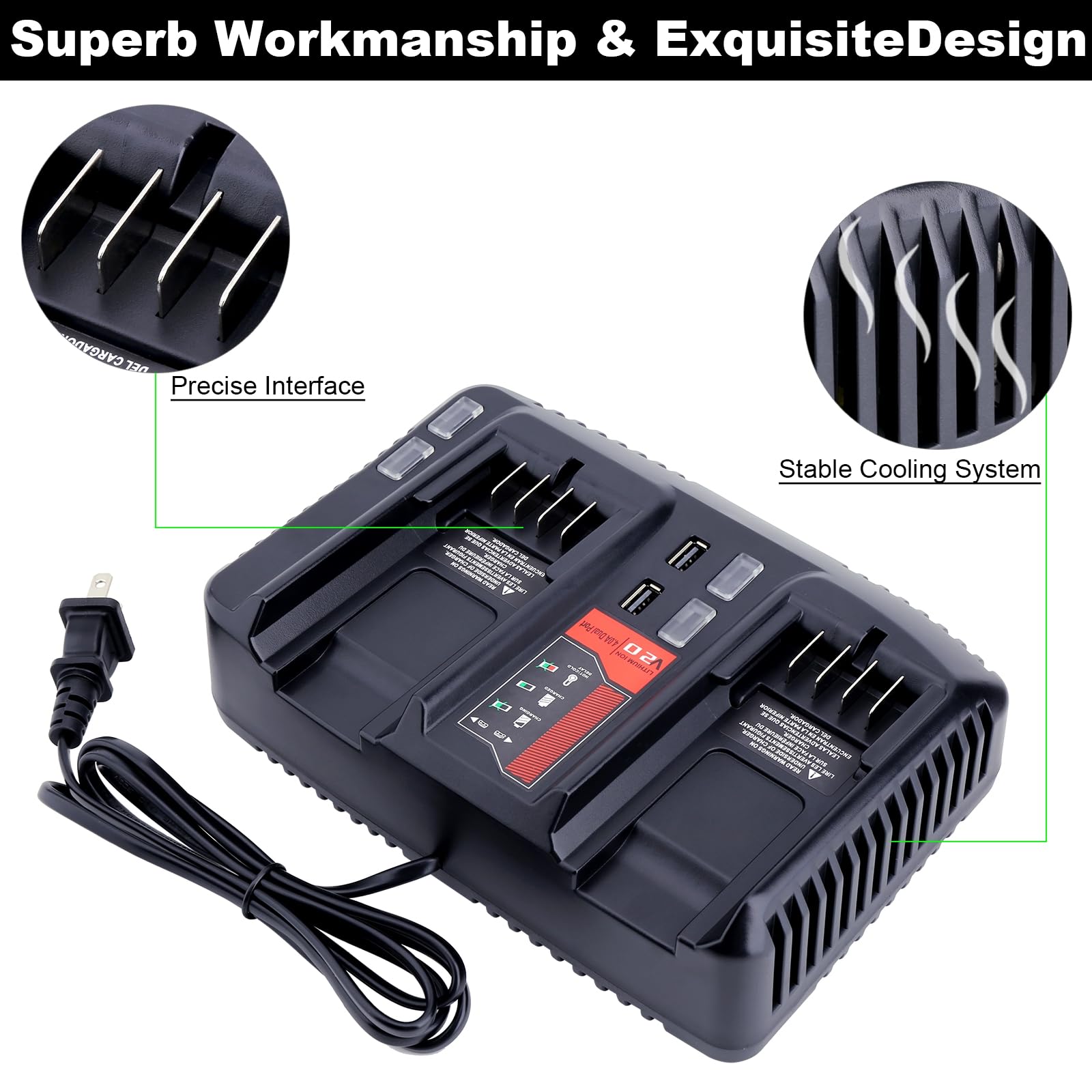 Lasica CMCB124 20V Charger Compatible with Craftsman V20 Series 20 Volt Lithium Batteries, V20 Dual Port, Replacement for Craftsman Battery Charger Station CMCB104 CMCB124
