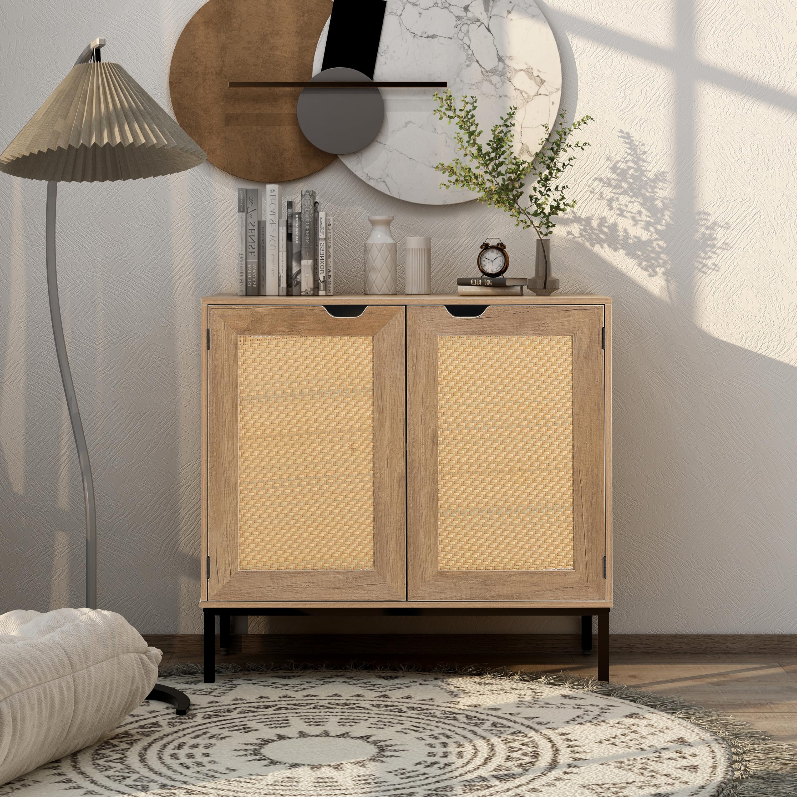 HESIEU Country Style Storage Cabinet with 2 Rattan Doors Natural Wood Sideboard Decorative Table Shoe Cabinet Office Cabinet with Metal Legs for Dining Room Kitchen Hallway Office