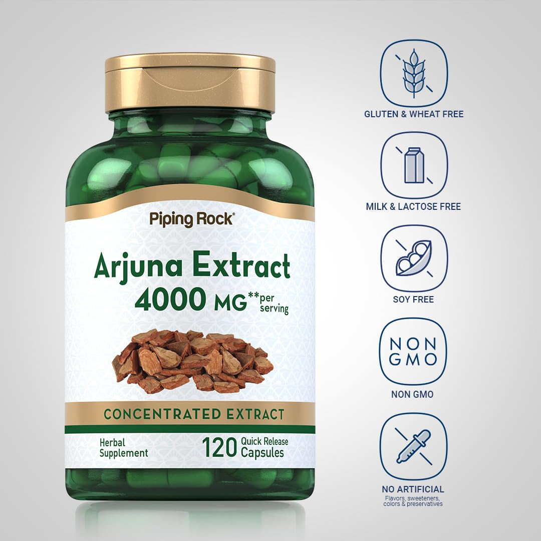 Piping Rock Arjuna Capsules | 4000 mg | 120 Count | from Arjuna Bark Herb Extract | Concentrated Extract | Herbal Supplement | Non-GMO, Gluten Free