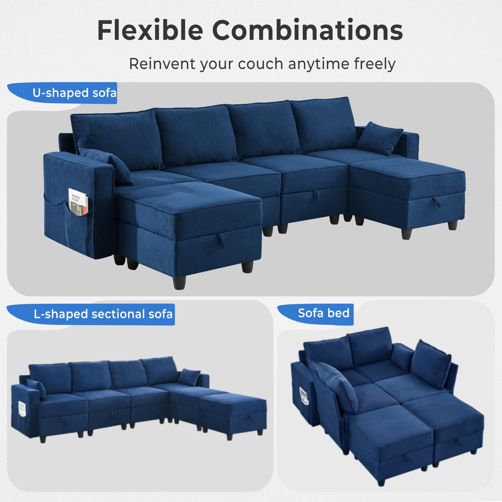 Unovivy 112.6" Modular Sectional Sofa, Convertible U Shaped Module Storage Reversible Ottomans, 6 Seater Corduroy Velvet Couch for Living Room, Blue