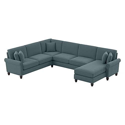 Bush Furniture Coventry U Shaped Sectional Couch with Reversible Chaise Lounge, 128W, Turkish Blue Herringbone