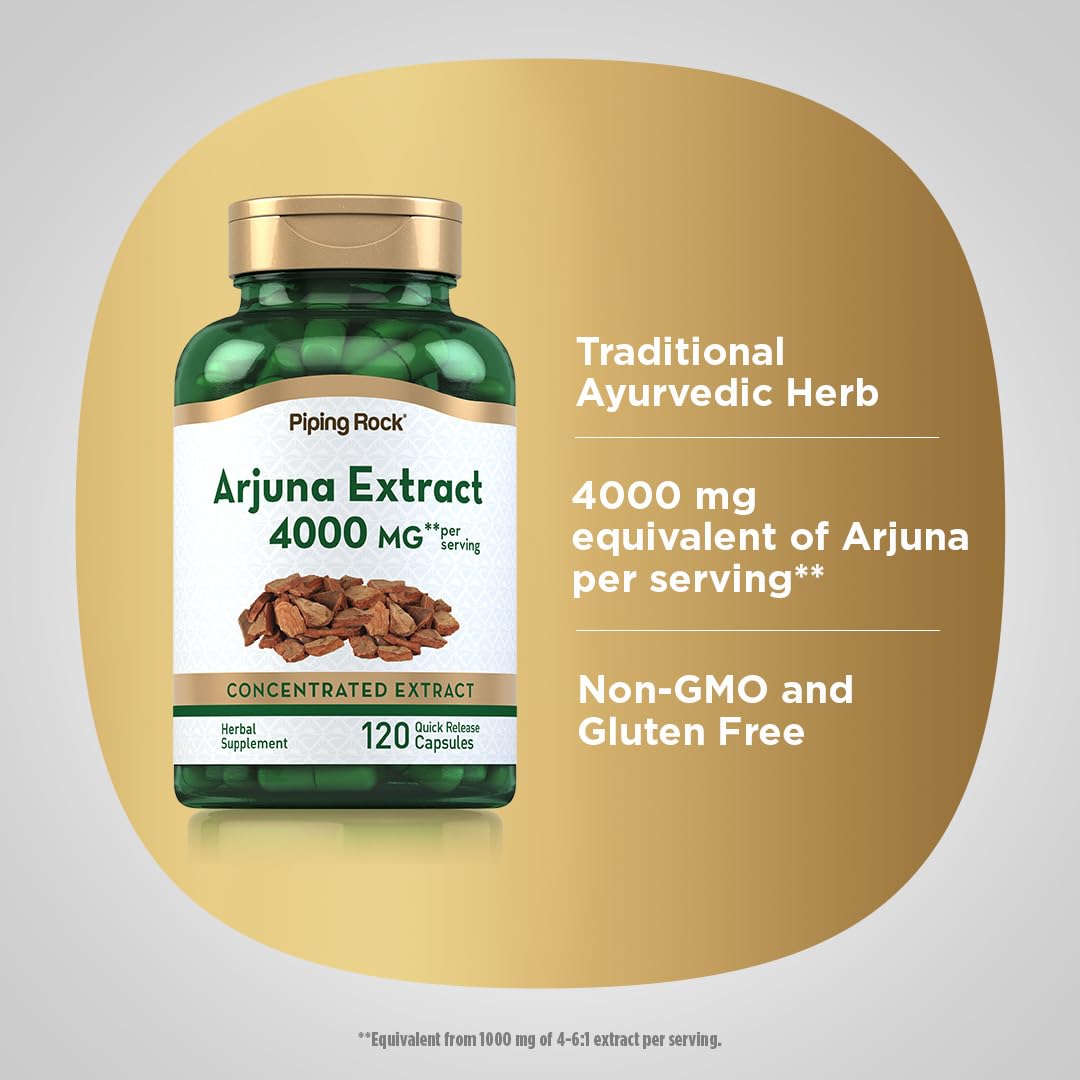Piping Rock Arjuna Capsules | 4000 mg | 120 Count | from Arjuna Bark Herb Extract | Concentrated Extract | Herbal Supplement | Non-GMO, Gluten Free